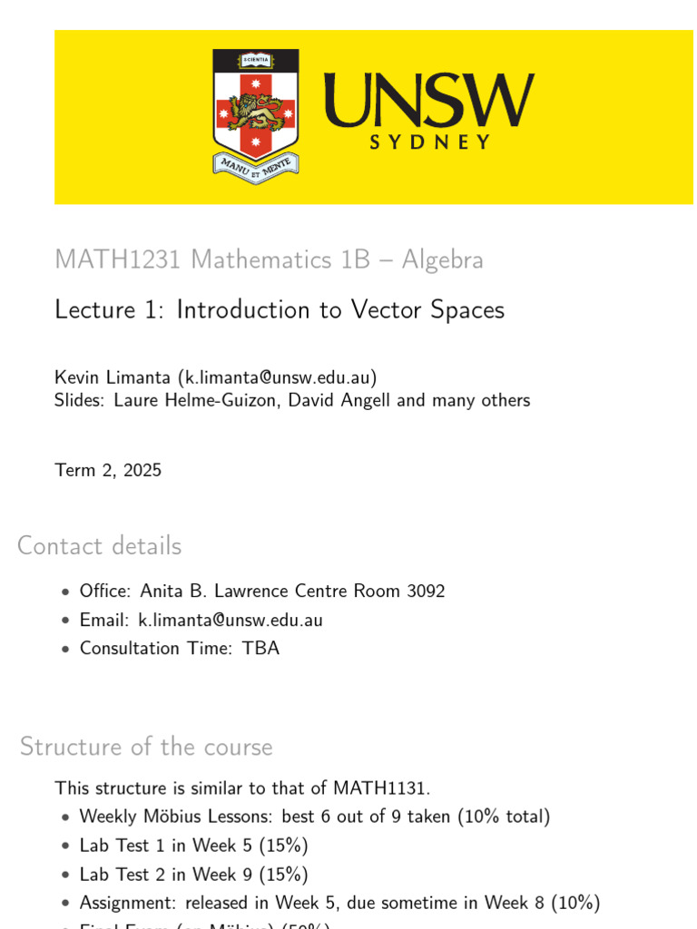 Vector Spaces in Mathematics 1B | PDF | Vector Space | Field (Mathematics)
