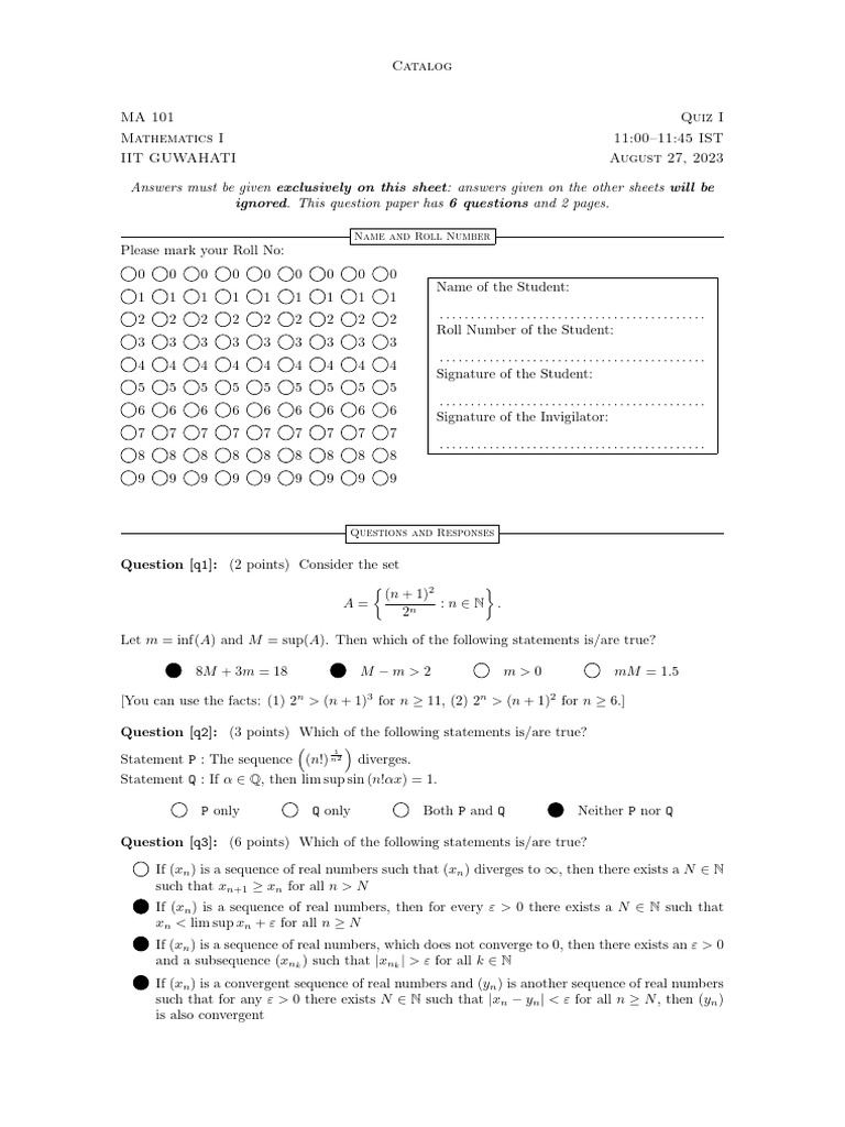 Quiz 1 Question Paper | PDF | Mathematical Structures | Elementary ...