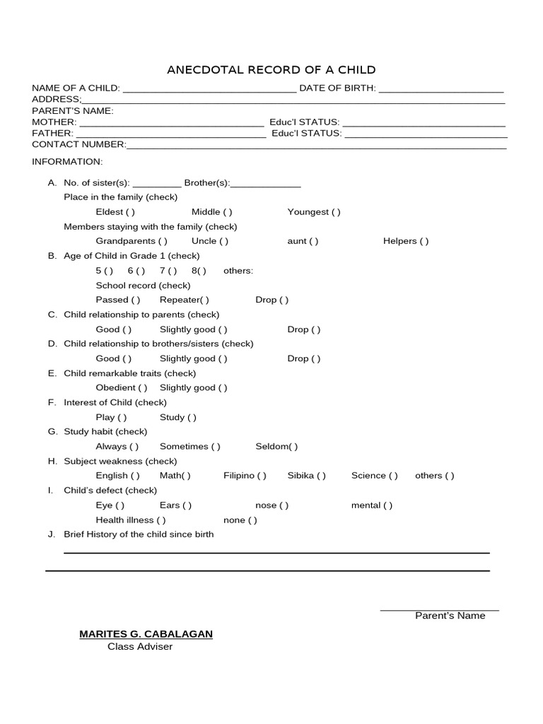 Classroom Anecdotal Record Sample | PDF