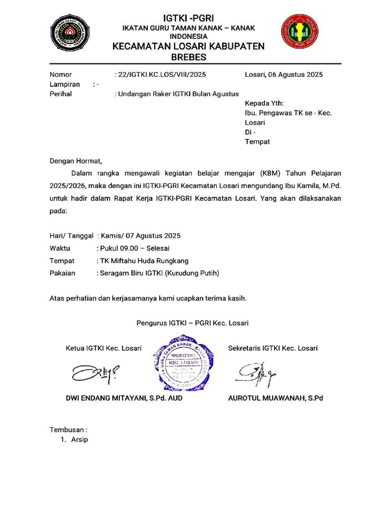 Undangan RAKER IGTKI Los Untuk Pengawas | PDF