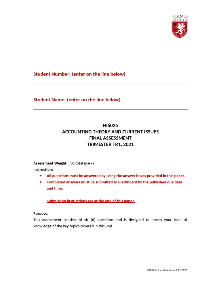 Accounting Theory and Current Issues HI6025 Final Assessment T1 2021 ...