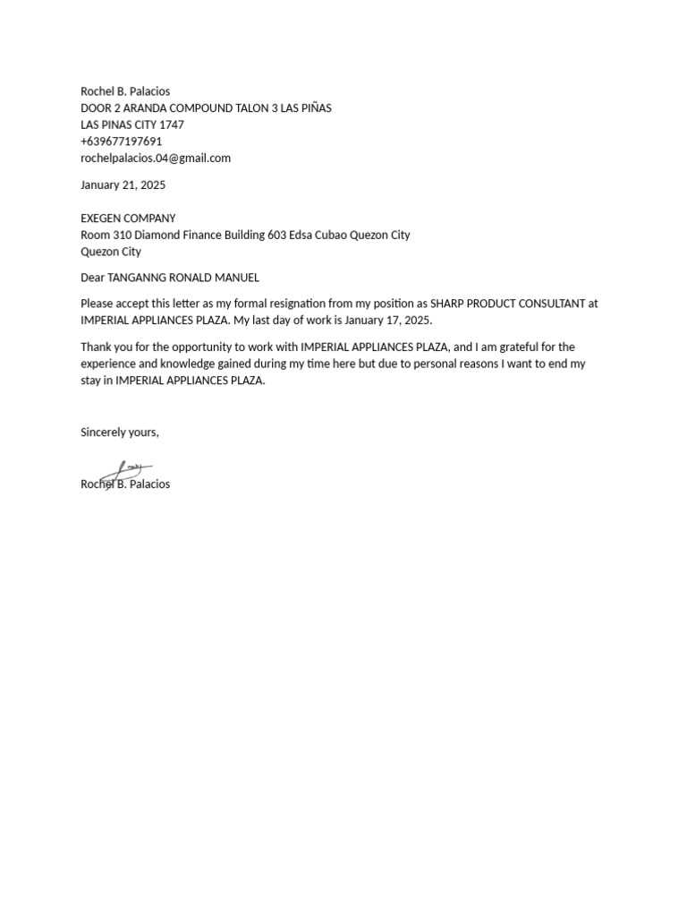 Rochel Palacios Resignation Letter | PDF