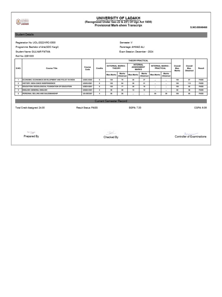 Ladakh University Provisional Mark-sheet | PDF | Qualifications ...