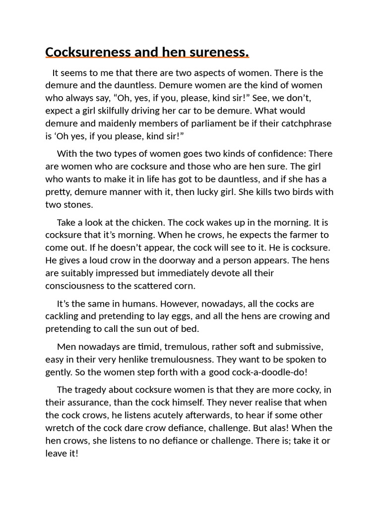 Cocksureness vs. Hen Sure: A Gender Analysis | PDF | Chicken