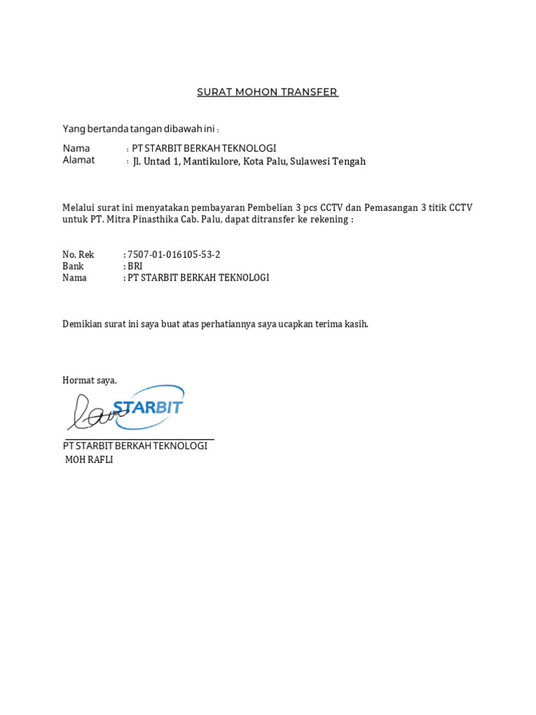 Surat Permohonan Transfer Pembayaran CCTV | PDF