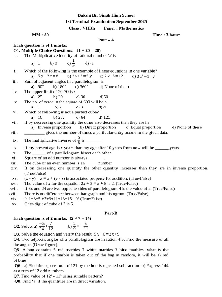 8th Class Math Exam Paper September 2025 | PDF | Numbers | Mathematical ...