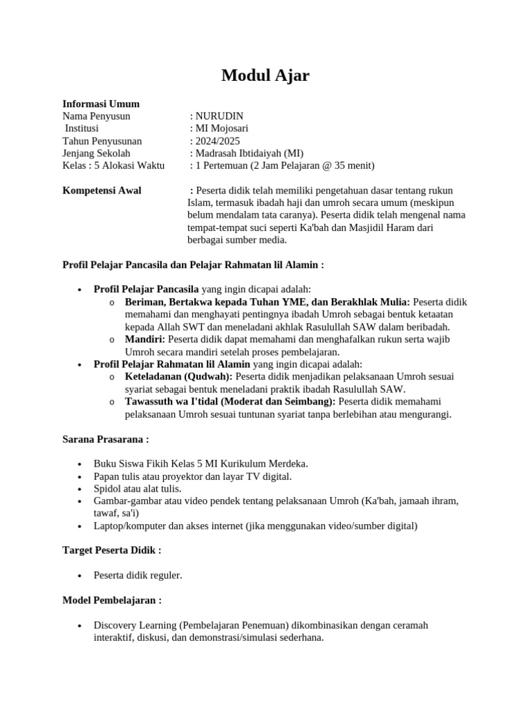 Modul Ajar Umroh Kelas 5 MI | PDF