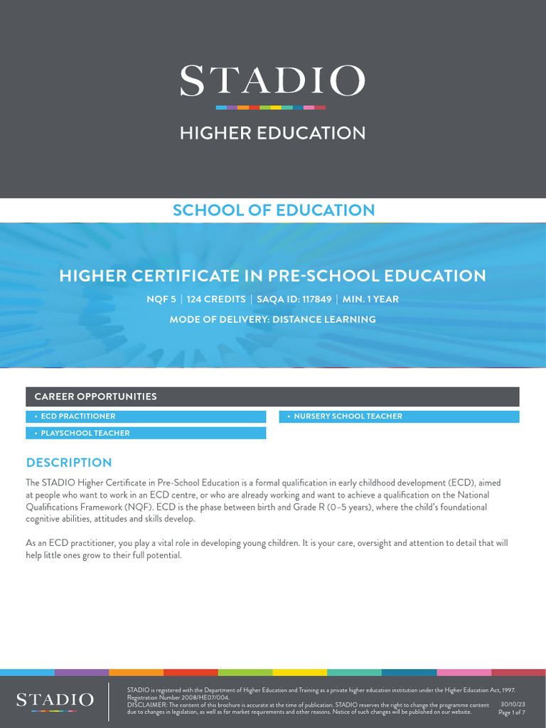 Higher Certificate in Pre-School Education | PDF | Early Childhood ...