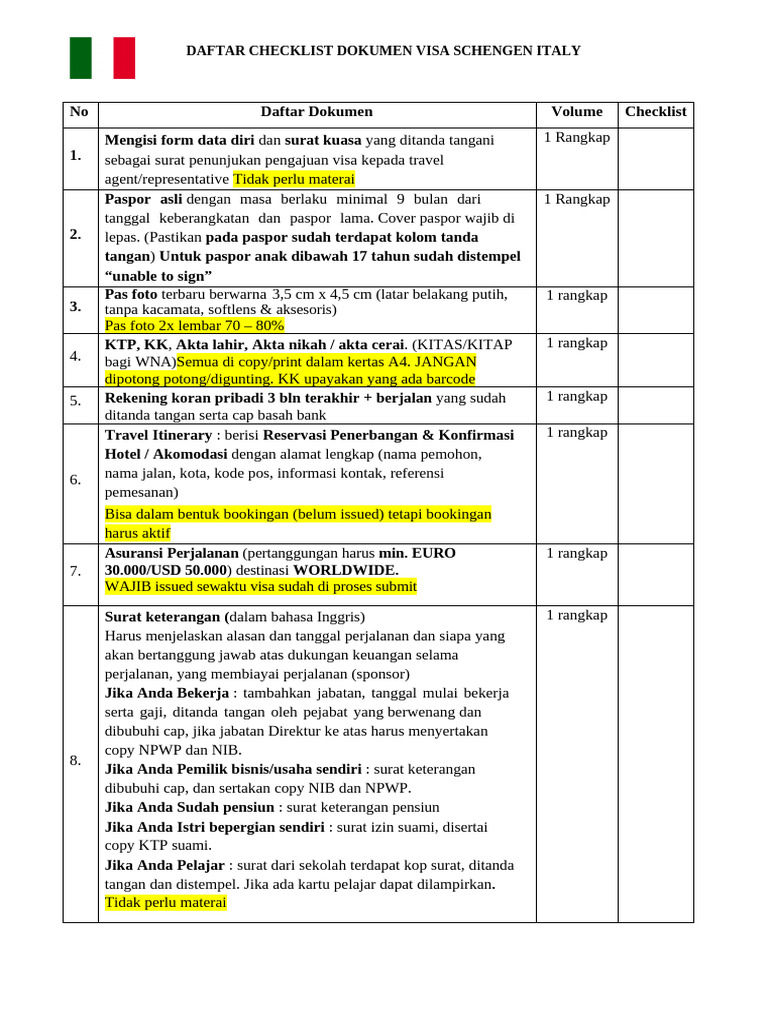 Checklist Visa Schengen Italy | PDF