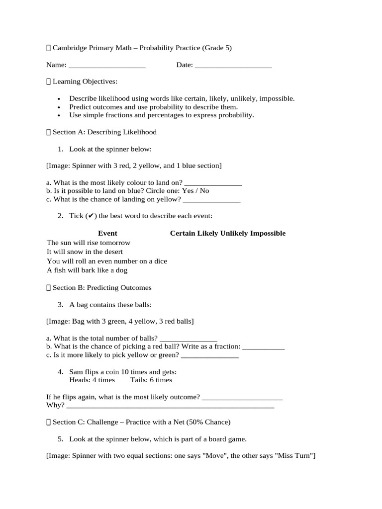 ? Cambridge Primary Math-probability | PDF | Probability | Probability Theory