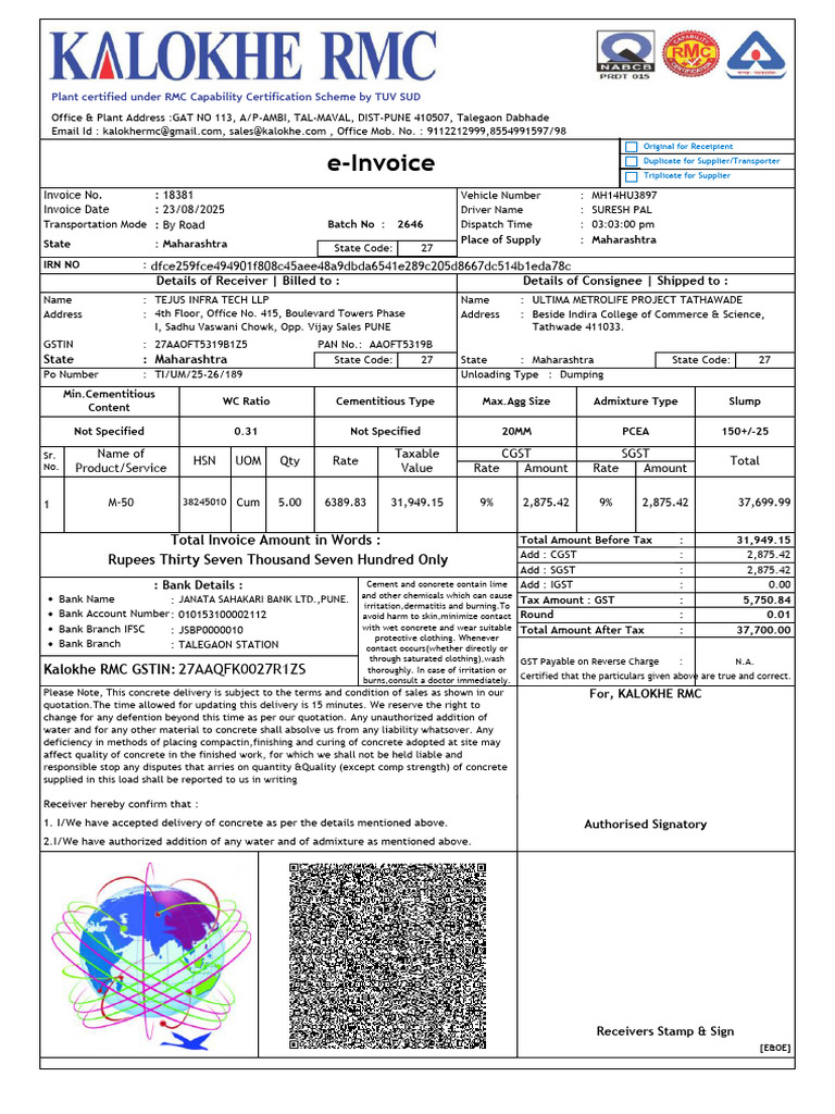 RMC Invoice for Tejus Infra Tech | PDF | Concrete | Taxes