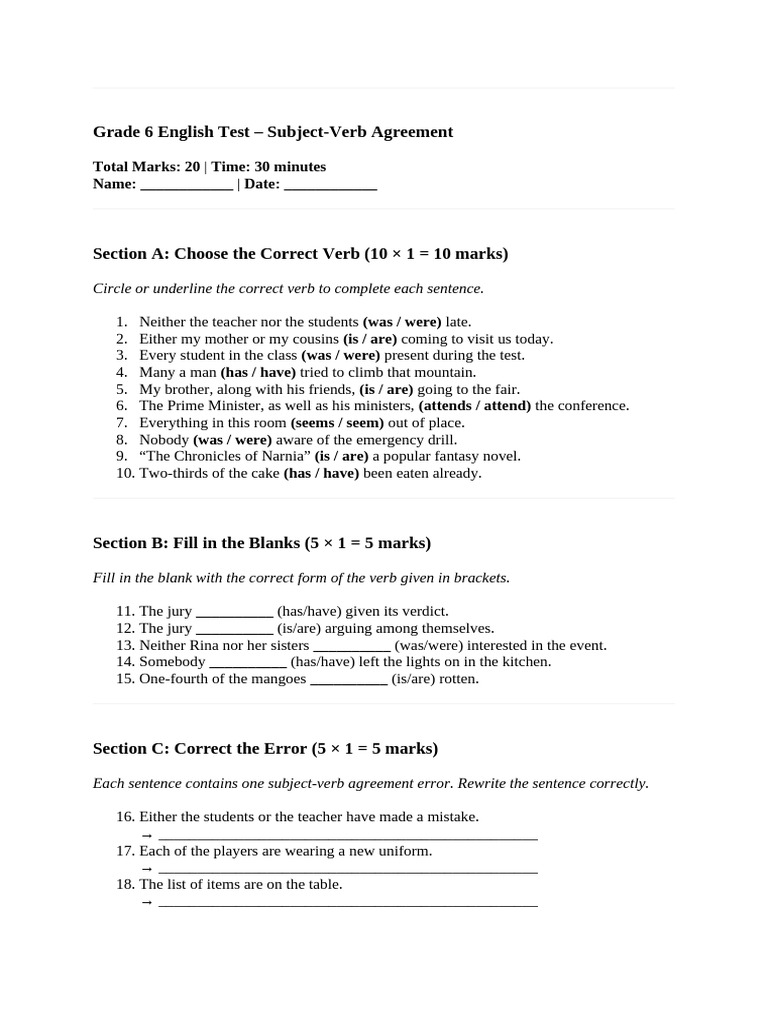 Grade 6 Subject-Verb Agreement Test | PDF