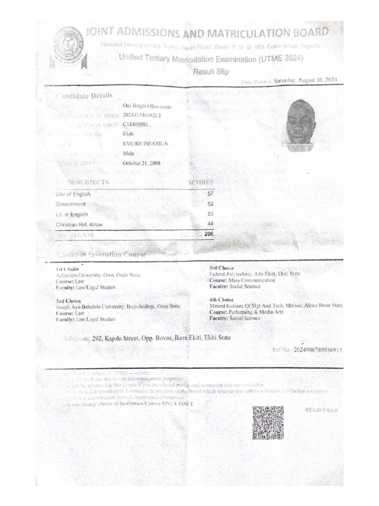 Joint Admissions and Matriculation Board | PDF