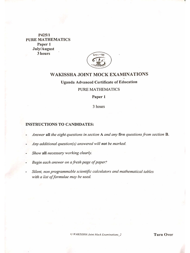 Wakisha Joint Mock Examination Uace Pure Mathematics Paper 1 July August | PDF