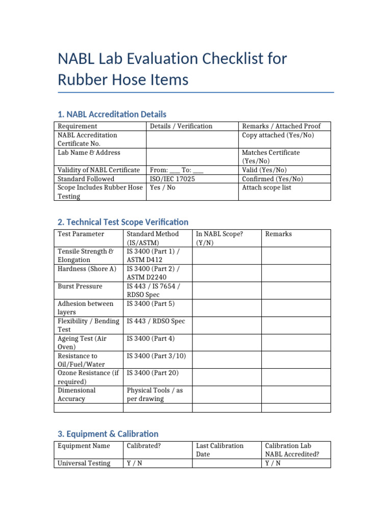 NABL Lab Evaluation Checklist Rubber Hose | PDF