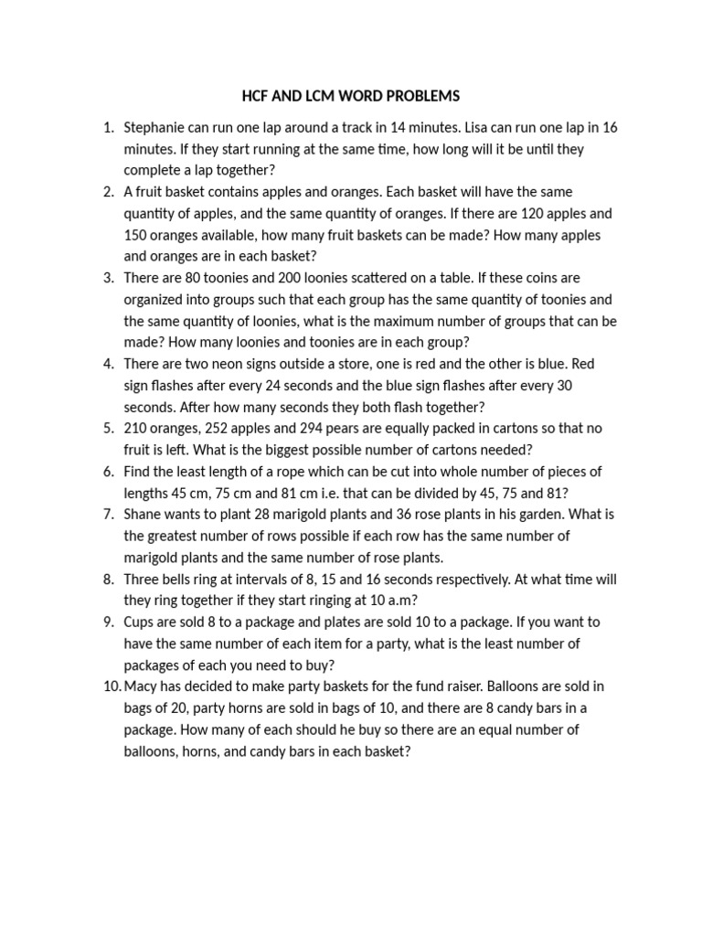 Enrichment HCF AND LCM WORD PROBLEMS | PDF