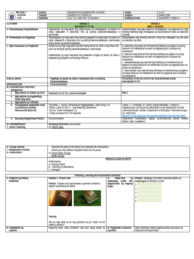 DLL-Q1-W5-DAY1.GMRC-ESP- MATATAG | PDF