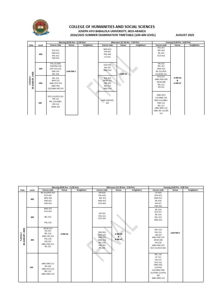 Chss Final 2025 Summer Examination Timetable | PDF