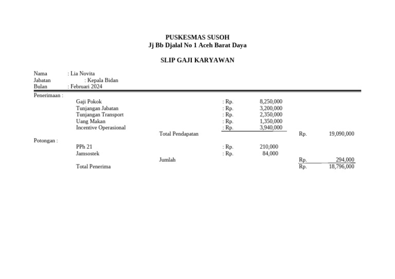 Slip Gaji Puskesmas Susoh | PDF