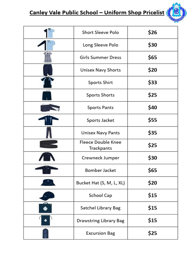 Canley Vale Uniform Prices 2024 | PDF