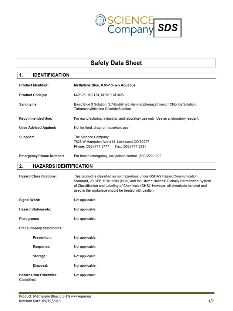 Methylene Blue 1 Percent SDS | PDF