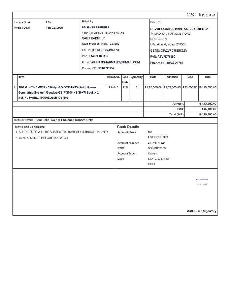 Invoice 134 NV Enterprises Devbhoomi Ujjwal Solar Energy | PDF ...