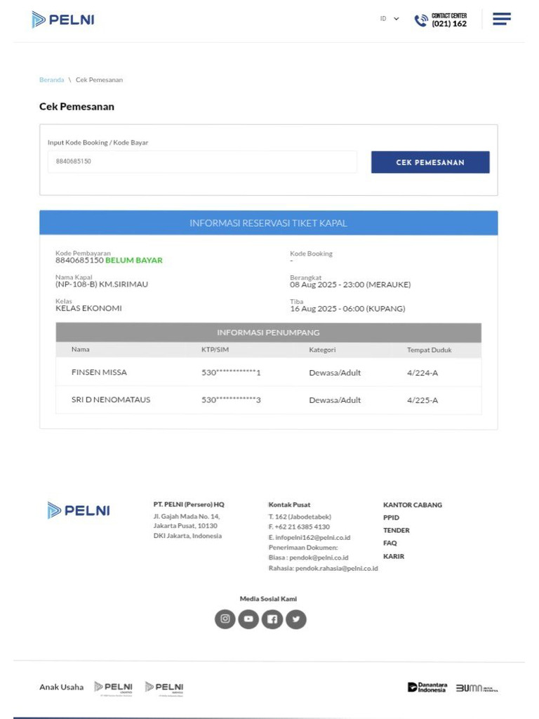 Pemesanan E-Ticket Pelni Merauke-Kupang | PDF