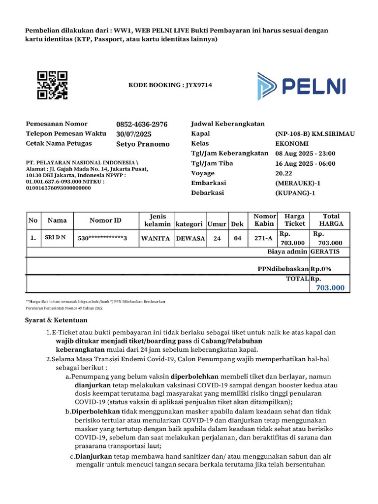 E-Ticket Pelni Merauke-Kupang 01 | PDF