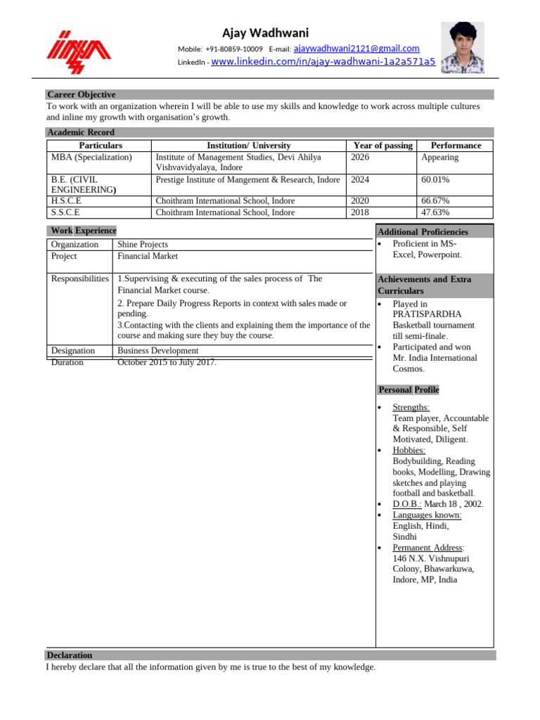 Ajay Wadhwani MM IMS DAVV-resume | PDF