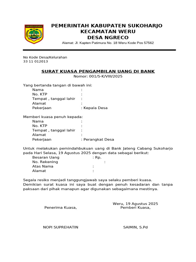 Surat Kuasa Bank | PDF
