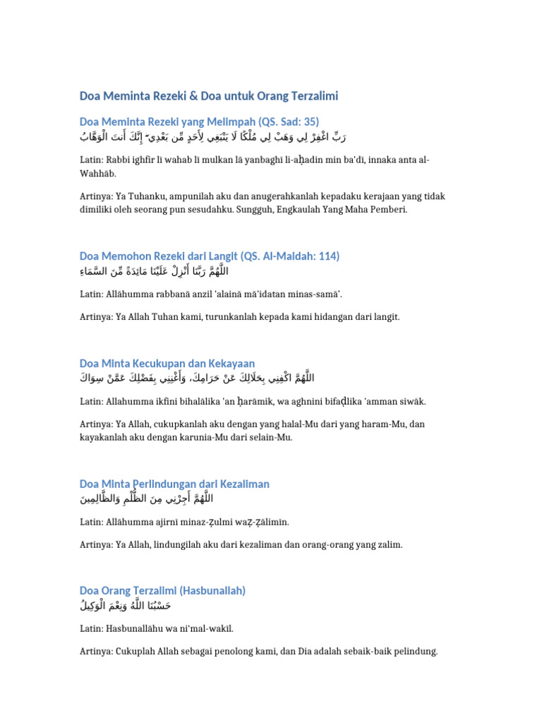 Doa Rezeki Dan Orang Terzalimi | PDF