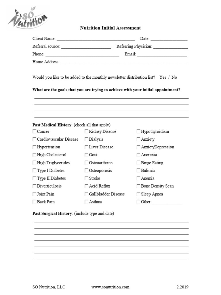 New Patient Nutrition Assessment Form | PDF | Meal | Diet (Nutrition)