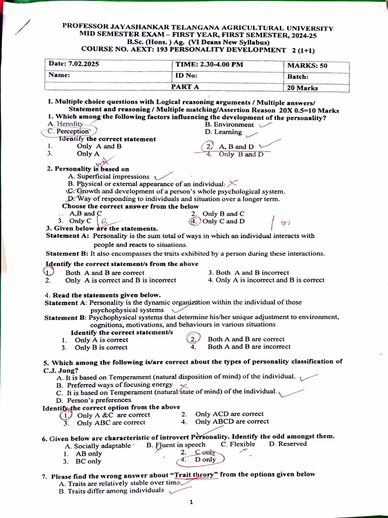 Aext Mid Sem (Question Paper) | PDF | Extraversion And Introversion | Behavioural Sciences