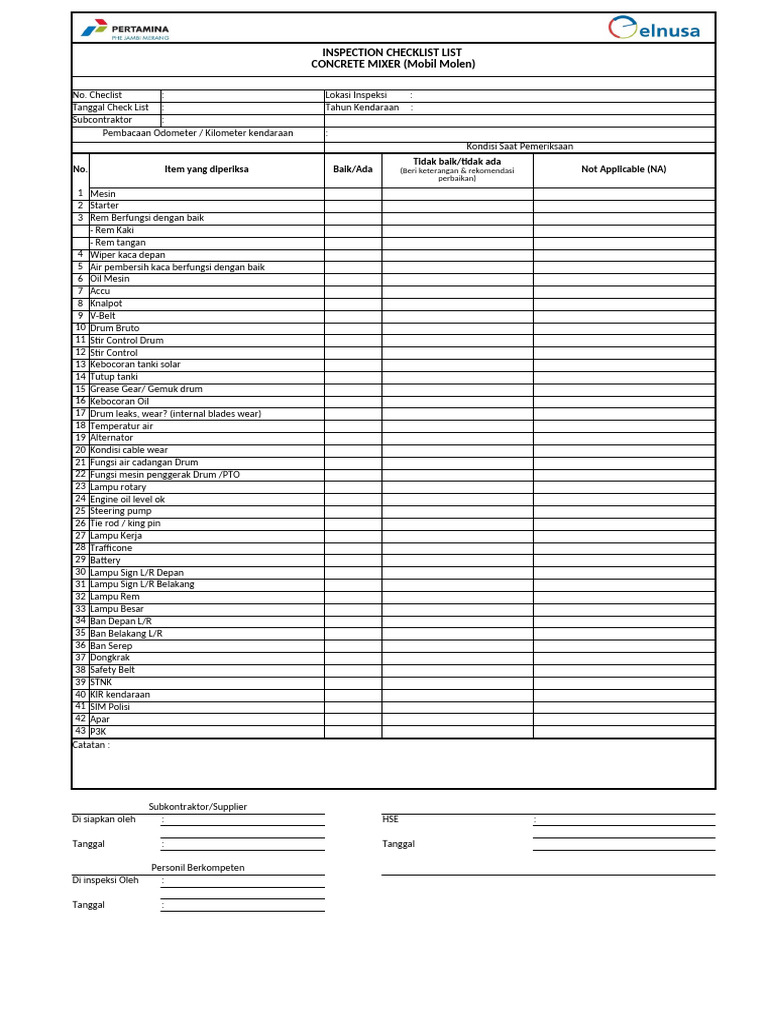 Form Inspeksi Concrete Mixer | PDF