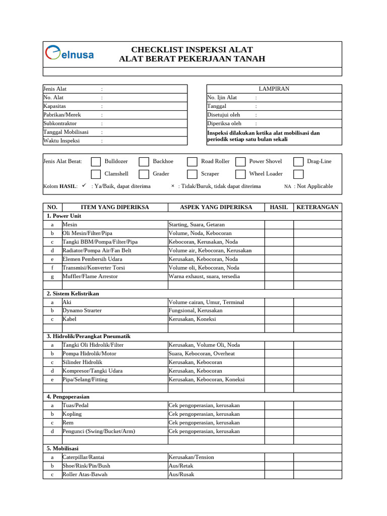 Checklist Inspeksi Alat Berat dan Listrik | PDF