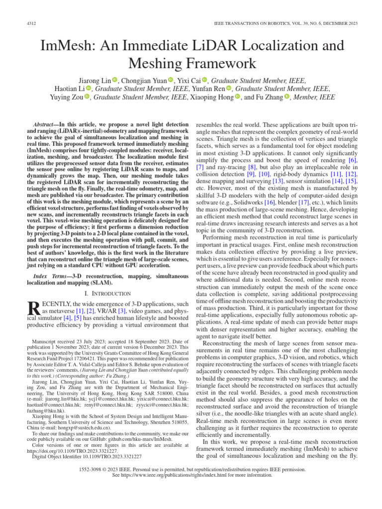 ImMesh: Real-Time LiDAR Mesh Framework | PDF | Voxel | Lidar