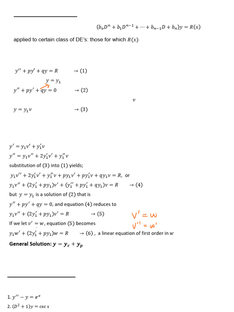 Module 7 - Reduction of Order and Variation of Parameters | PDF | Equations | Subtraction