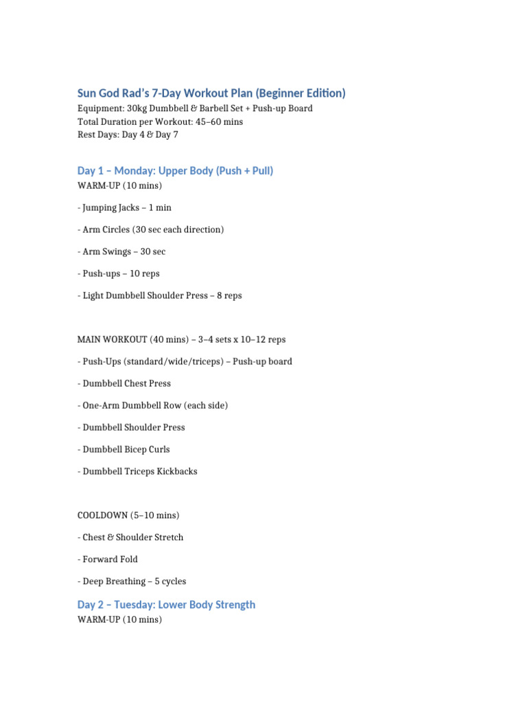 Sun God Rad's 7-Day Beginner Workout | PDF | Management Of Obesity ...