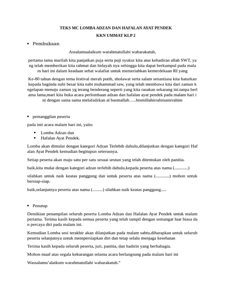 Teks MC Lomba Adzan dan Hafalan | PDF