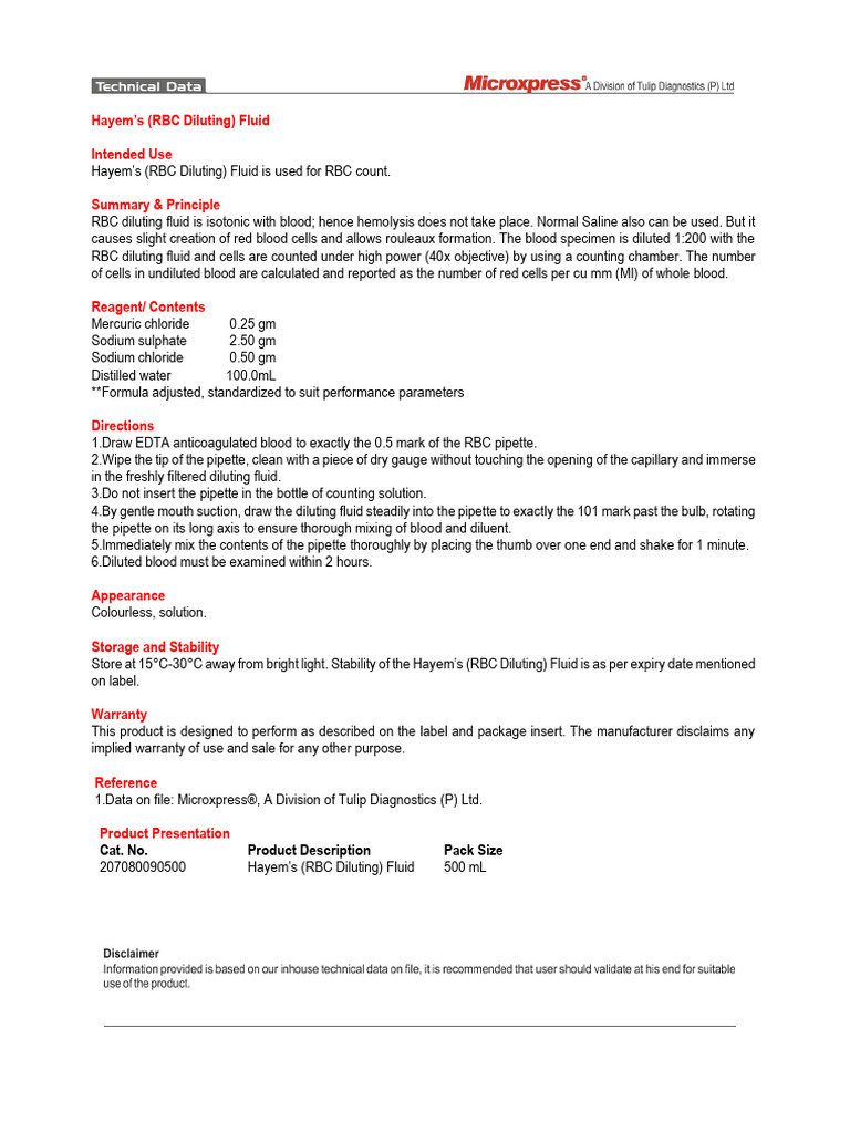 Hayem's RBC Diluting Fluid Technicaldetails 105720240402.045338 | PDF