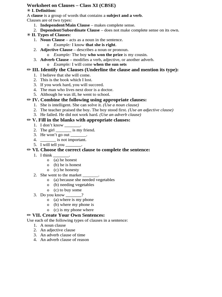 Class XI Worksheet on Clauses | PDF