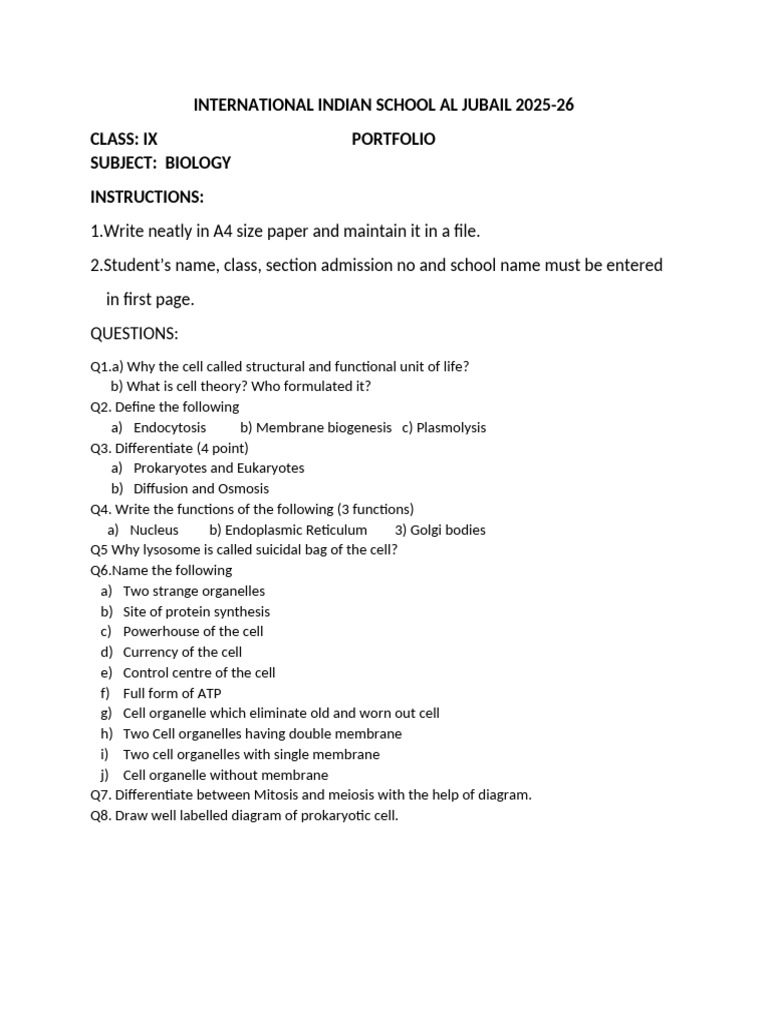 Class IX Biology Portfolio 2025-26 | PDF