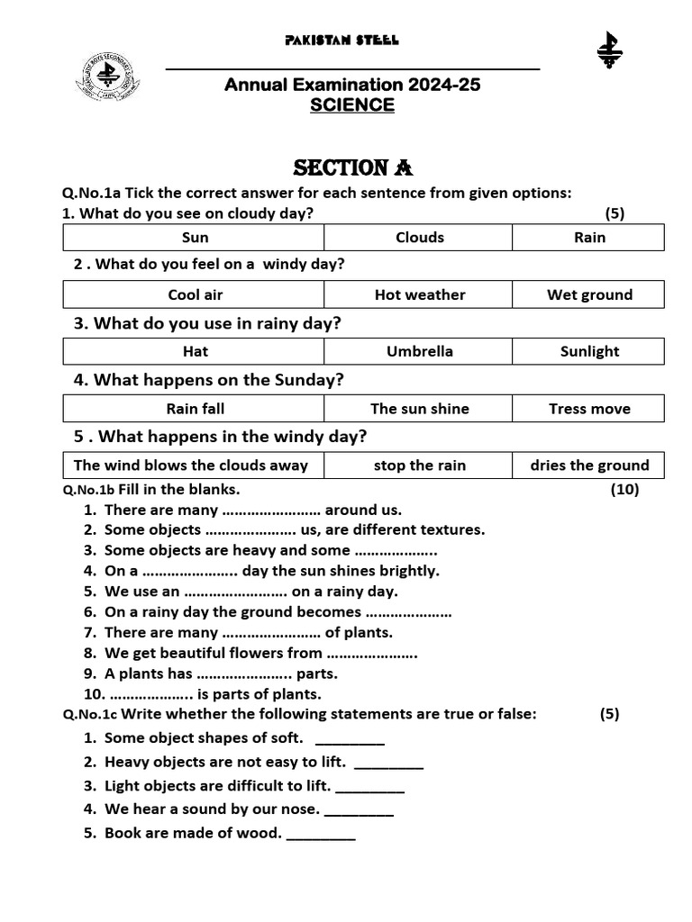 Class 1 Science Annual 2024-25 | PDF