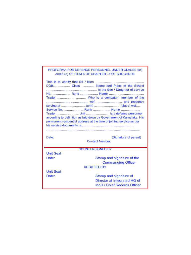 Kcet Defence Personnel Clause 6f Certificate | PDF