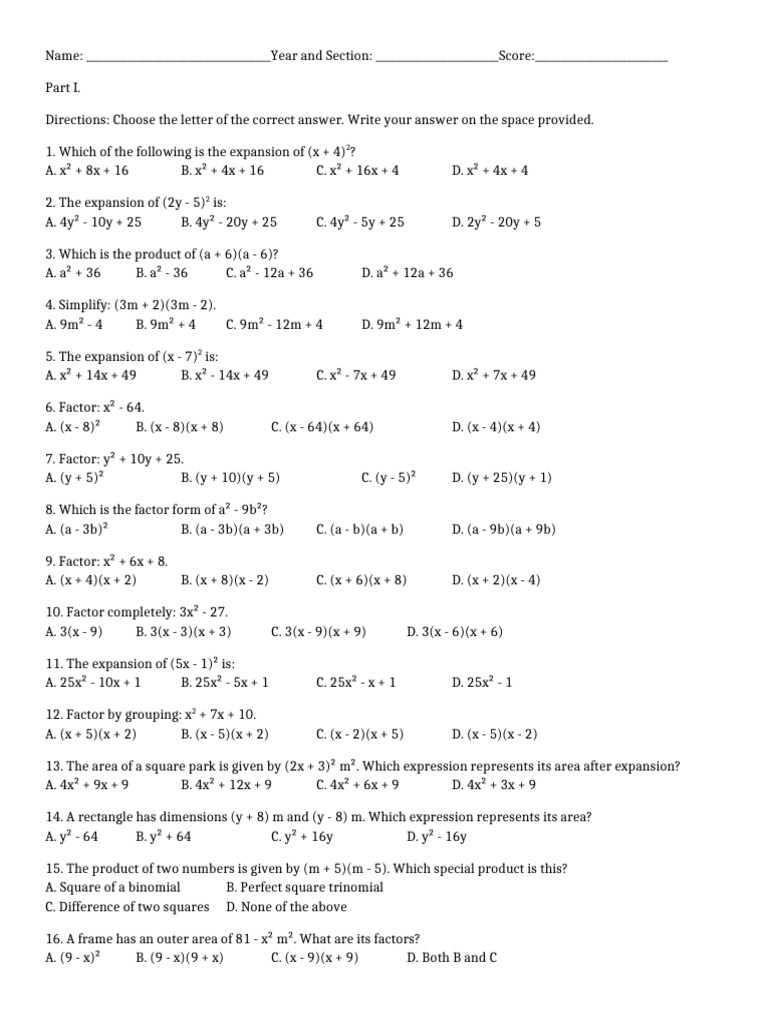 Algebra Expansion and Factoring Quiz | PDF | Area | Elementary Mathematics
