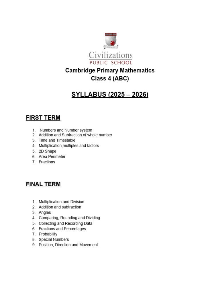 Maths Syllabus Grade 4 (2025-2026) | PDF