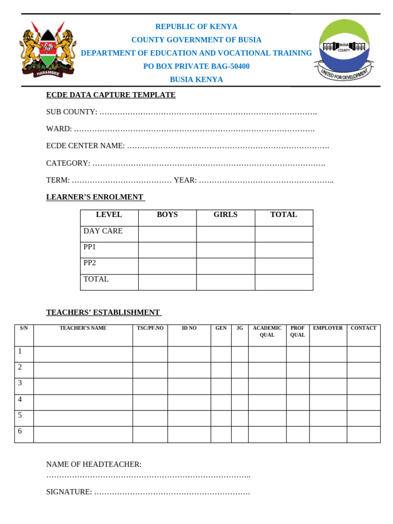 ECDE Data Capture Template Kenya | PDF
