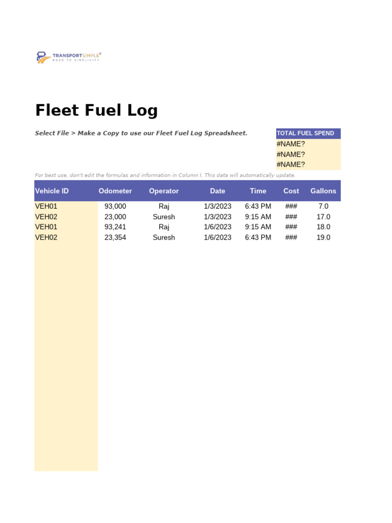 Fleet Fuel Log Spreadsheet Template | PDF | Diesel Fuel | Vehicles