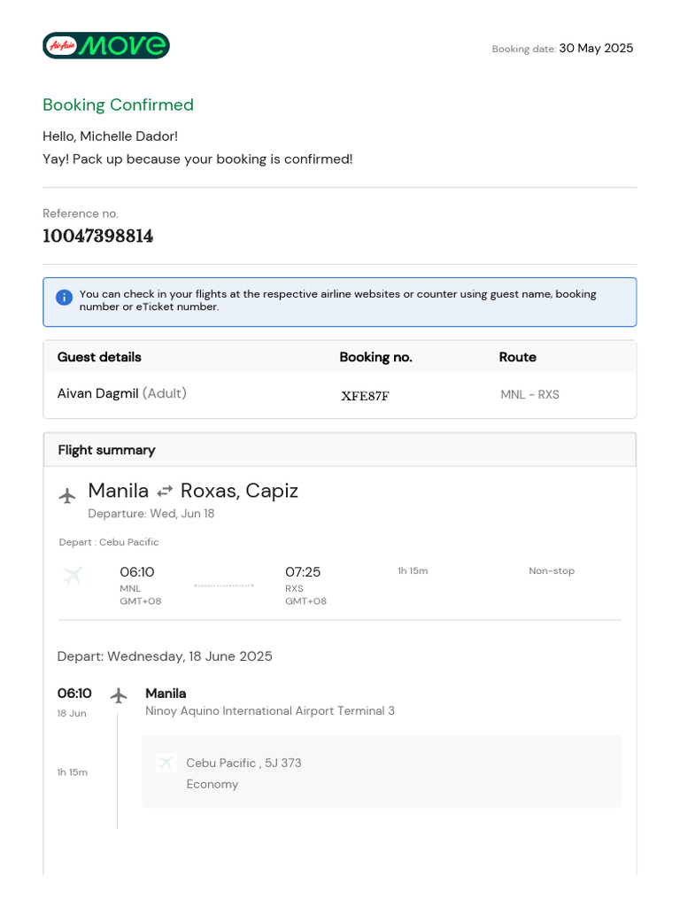 Cebu Pacific Flight Confirmation 5J 373 | PDF