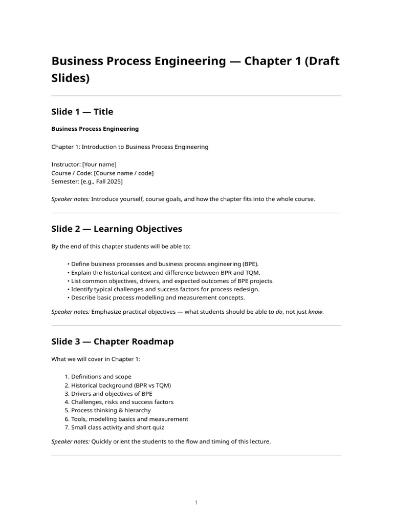 Business Process Engineering - Chapter 1 Slides (Draft) | PDF | Business | Business Economics